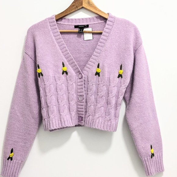 Forever 21 | Sweaters | Floral Embroidered Knit Lavender Cardigan Size ...